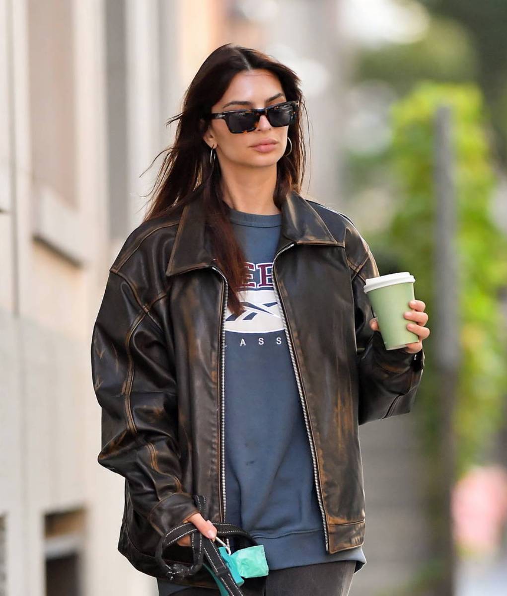 Emily Ratajkowski Brown Leather Bomber Jacket