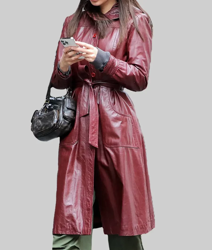 Emily Ratajkowski Burgundy Leather Hooded Coat
