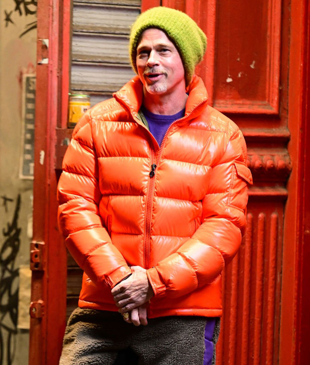Brad Pitt Wolfs 2024 Orange Hooded Puffer Jacket