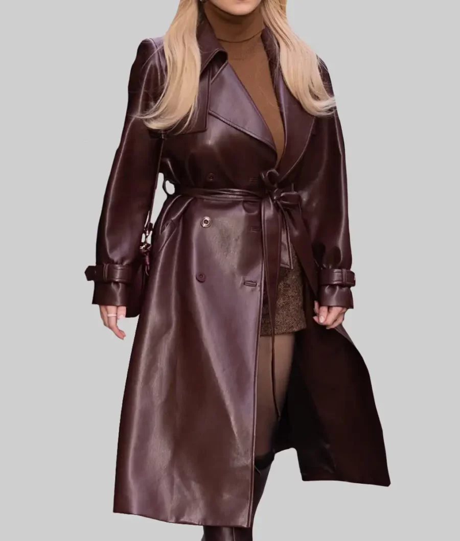 Sydney Sweeney Maroon Leather Trench Coat