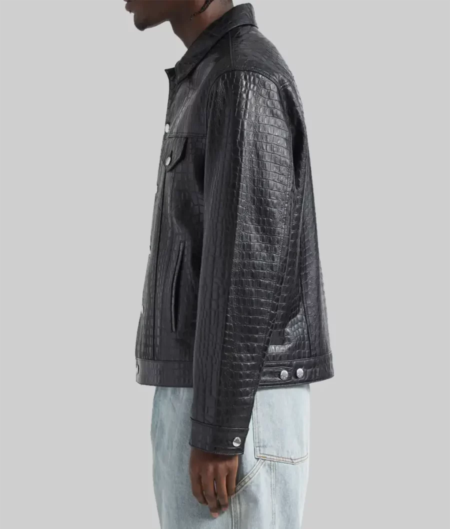 Archer Black Crocodile Pattern Leather Trucker Jacket - Usjackets