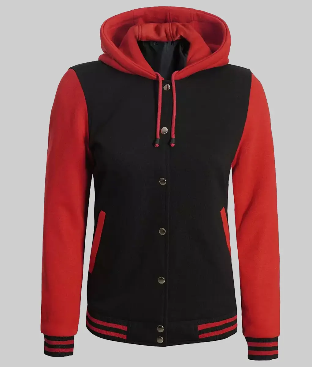Leona Black and Red Hooded Varsity Jacket - Usjackets