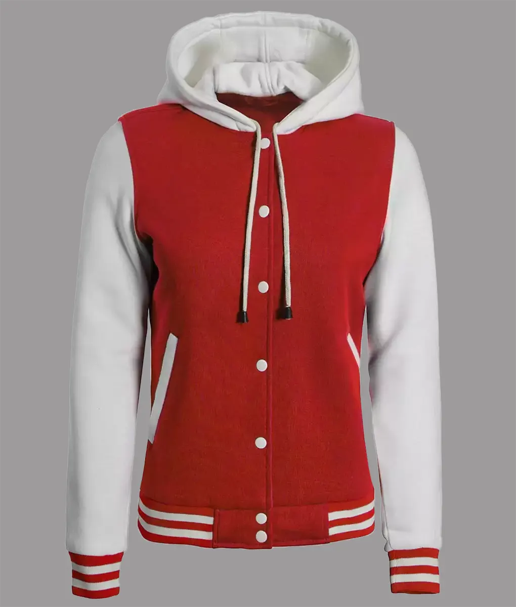 Deborah Red and White Hooded Varsity Jacket - Usjackets