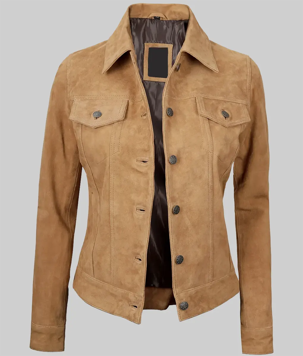 Gracie Light Brown Suede Trucker Jacket - Usjackets