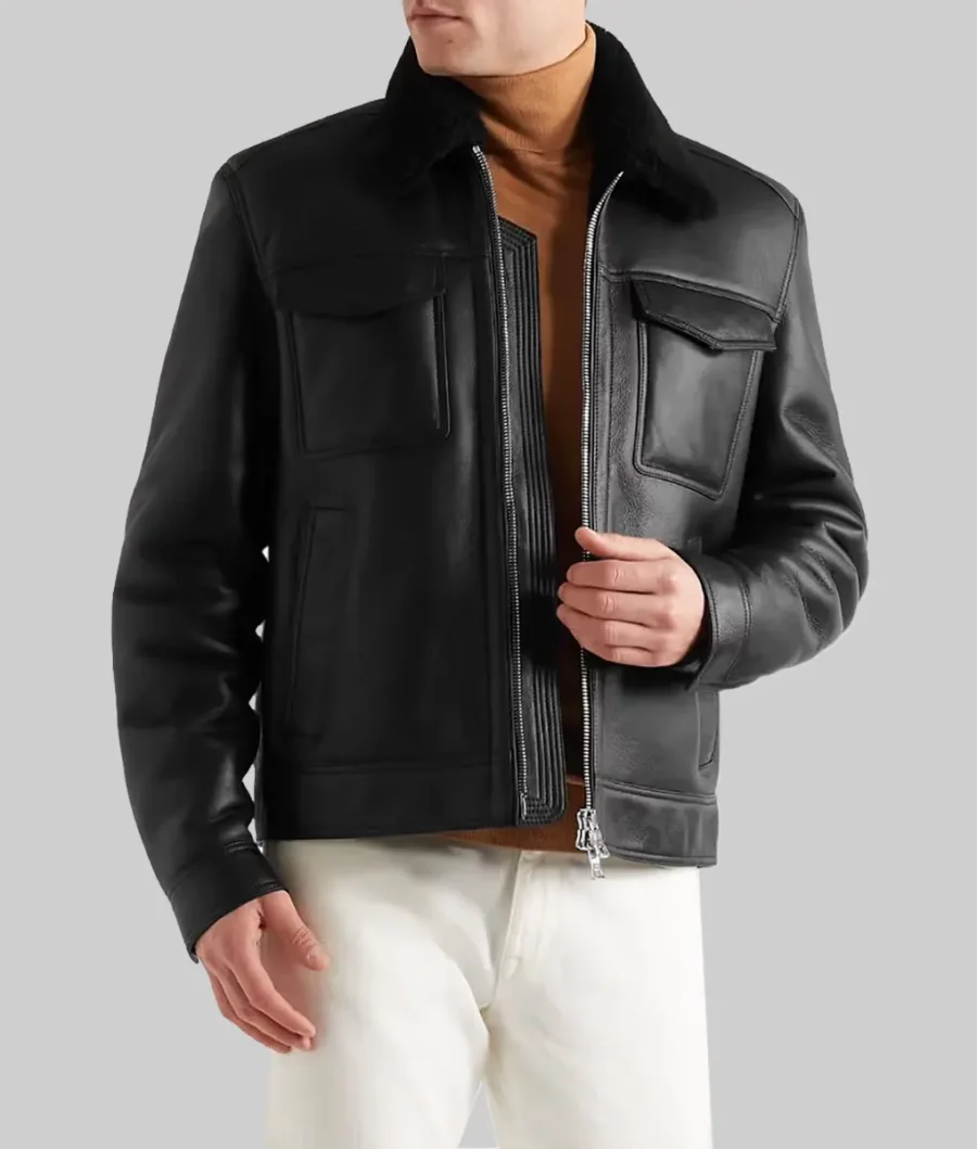 Men's Parker Shearling Collar Black Leather Trucker Jacket - Usjackets
