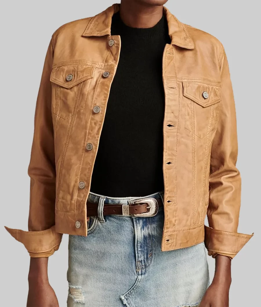 Lisa Brown Leather Trucker Jacket - Usjackets
