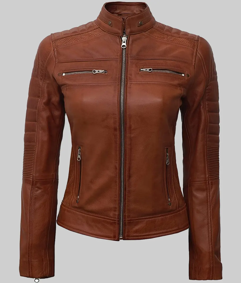 Sally Brown Leather Cafe Racer Jacket - Usjackets