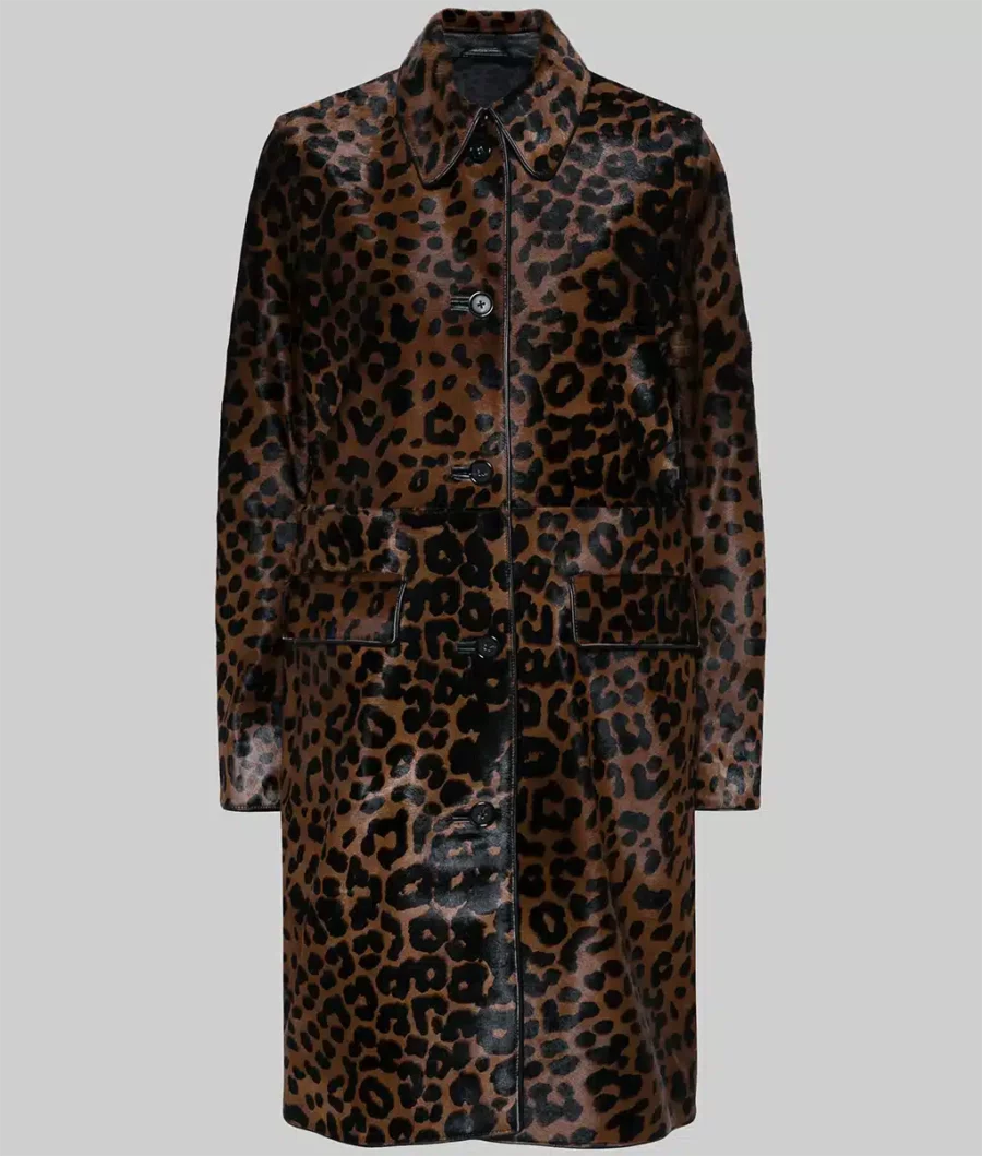 Hailey Bieber Leopard print Brown Leather Coat | US Jackets